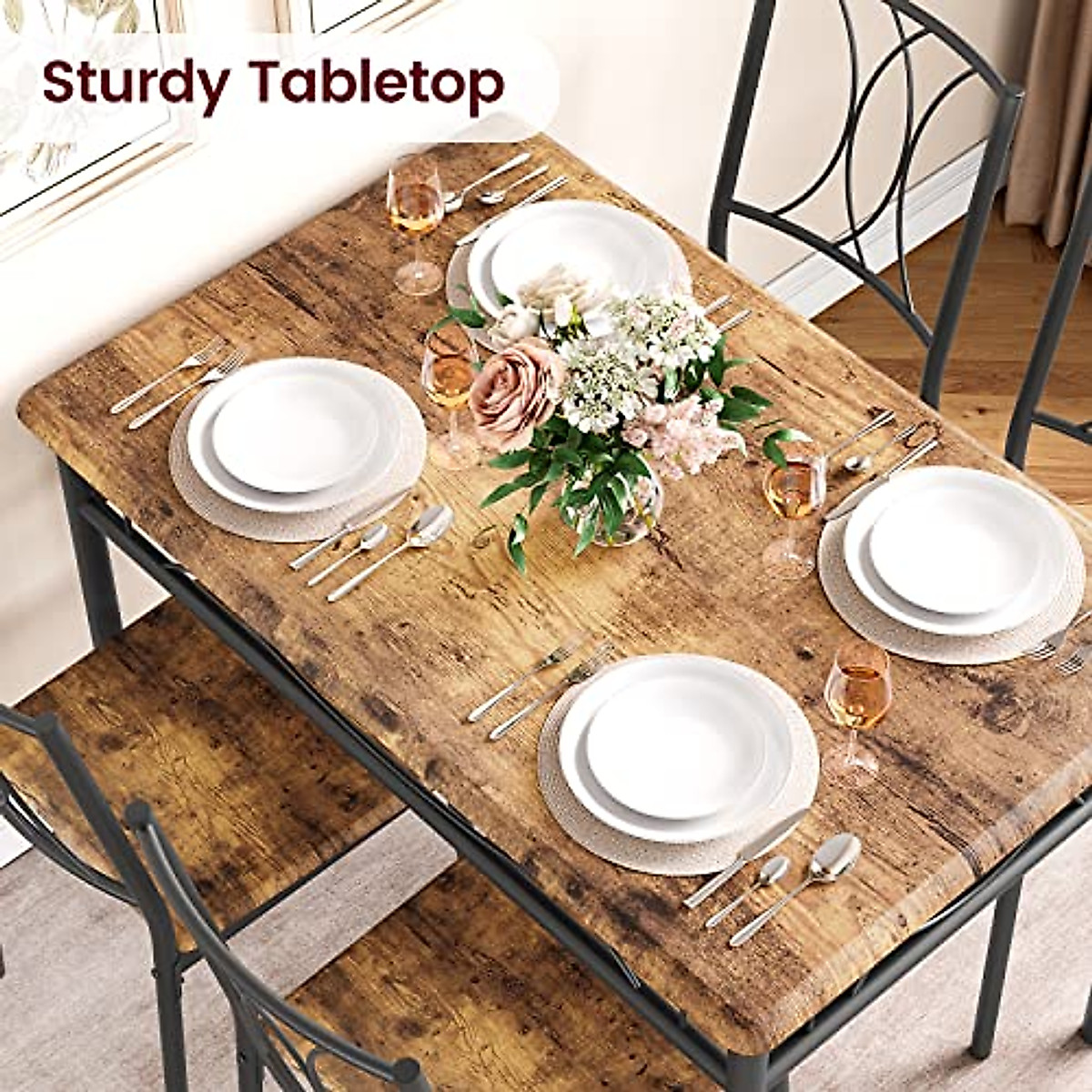 Fancihabor Dining Table Set for 4, Kitchen Table and Chairs for 4, Rectangular Dining Room Table Set with 4 Chairs, 5 Piece Kitchen Table Set for Small Space, Apartment, Rustic Brown