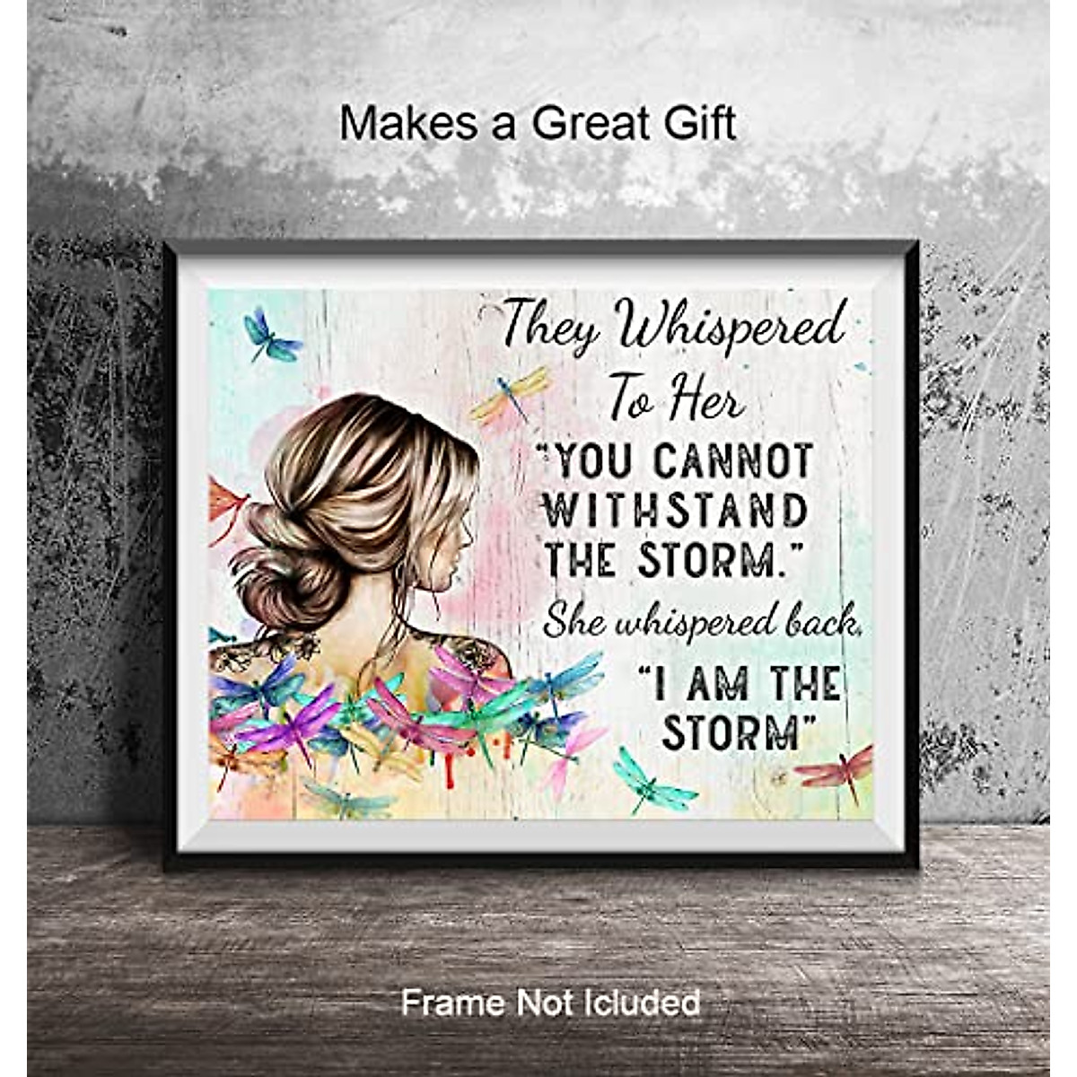 They Whispered to Her You Cannot Withstand The Storm - Boho Positive Motivational - Uplifting Encouragement Gifts for Women Teens BFF - Inspirational Quote Wall Art - Hippie Dragonfly Wall Decor Print