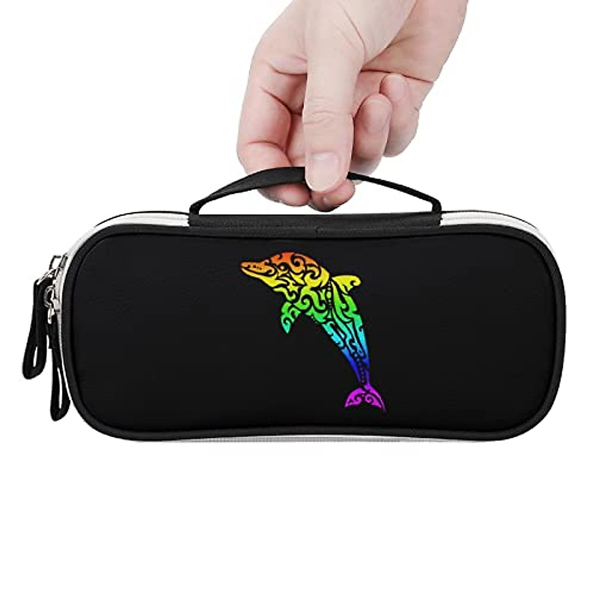 Rainbow Dolphin Printed Pencil Case Bag Stationery Pouch with Handle Portable Makeup Bag Desk Organizer