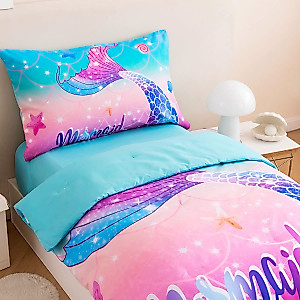 ZRNBAST Toddler Bedding Sets for Girls 4 Pcs Mermaid Tail Toddler Comforter Set Pink Turquoise Gradient Rainbow Colorful Toddler Bedding for Girl Bed, Pink Blue Fish Scale