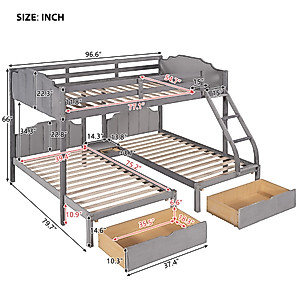 Bellemave Triple Bunk Beds Full Over Two Twin Bunk Bed with Storage Drawers Velvet Upholstered 3 Beds Bunk Bed for Adults Kids Teens Boys Girls, Gray