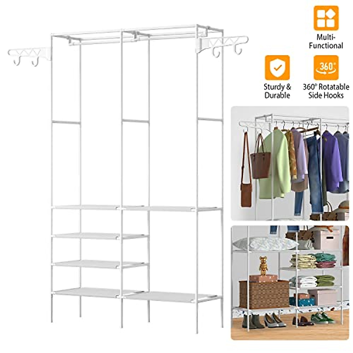 iMounTEK Garment Racks,Clothes Rack Garment Shelf Clothing Shelf Metal Clothing Organizer Shelves Freestanding Clothes Wardrobe Clothing Racks for Hanging Clothes 6 Tier for Bedroom(white)