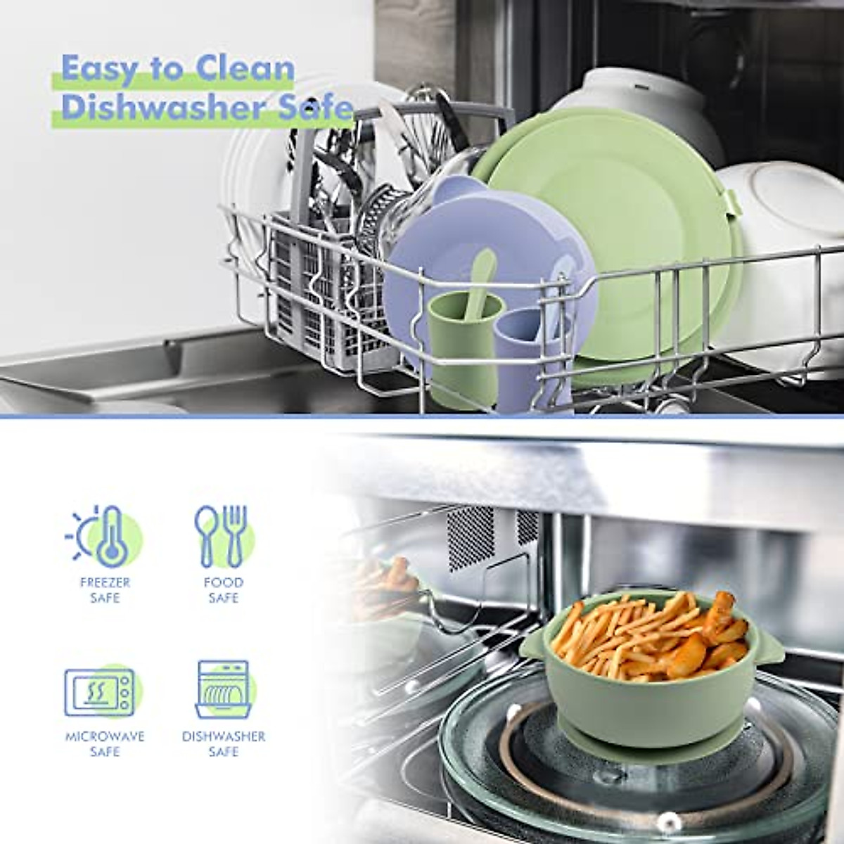 Hepotk Silicone Baby Feeding Set - 11 Pcs Baby Led Weaning Supplies - Food Grade Toddler Plates Bowls Set - Suction Bowl Divided Plate Bib Cup Spoons for Baby Kids