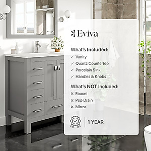 Eviva Bathroom Vanity Cabinet 36in White - Solid Wood w/9 Drawers, Porcelain Sink & Marble Countertop - Gray