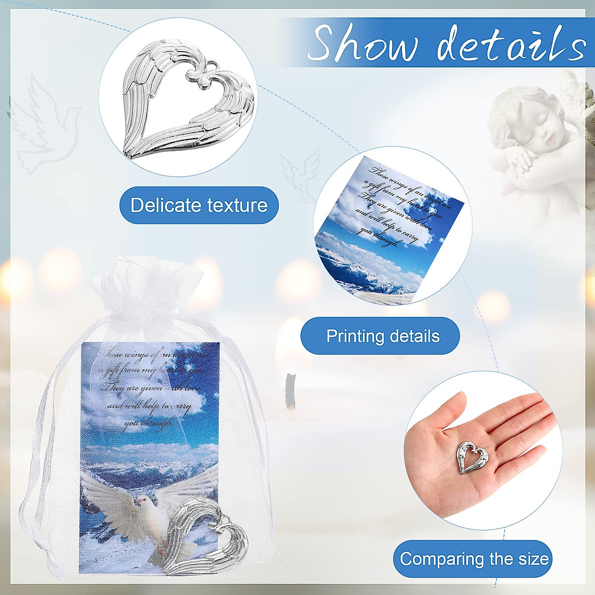 10 Sets Memorial Angel Sign Coins Set Memorial Metal Wing Pocket Token Heart Lucky Angel Charm with Peace Dove Sign Poem Cards White Organza Bags Present for Family Friends