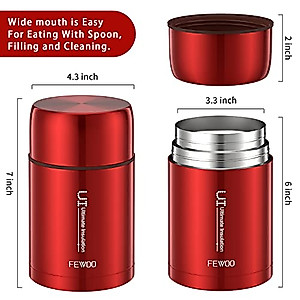 FEWOO Food Jar - 27oz Vacuum Insulated Stainless Steel Lunch Thermos, Leak Proof Soup Containers with bag for Hot or Cold Food (Red)