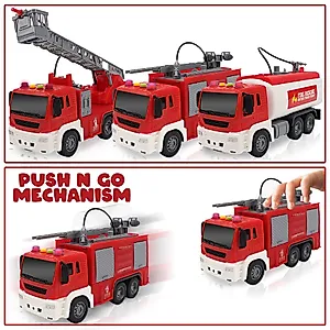 ArtCreativity Light Up Fire Trucks for Kids, Set of 3, Includes Ladder Truck, Tanker Truck, & Engine Truck, Fire Trucks with Real Water Spraying, LEDs, & Sound, Push n Go Fire Trucks for Boys & Girls