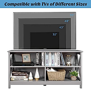 Tangkula TV Stand for TVs up to 55 Inches, 47" Farmhouse Entertainment Center with 4 Open Shelves & Built-in Cable Holes, TV Console Table with X-Shaped Frame for Living Room (Grey)