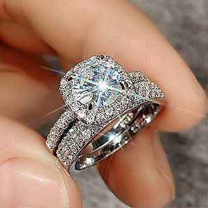 Ahloe Jewelry 18K White Gold Bridal Ring Set for Women Halo Cubic Zirconia Engagement Promise Anniversary Wedding Bands Size 7,White,Rainbow