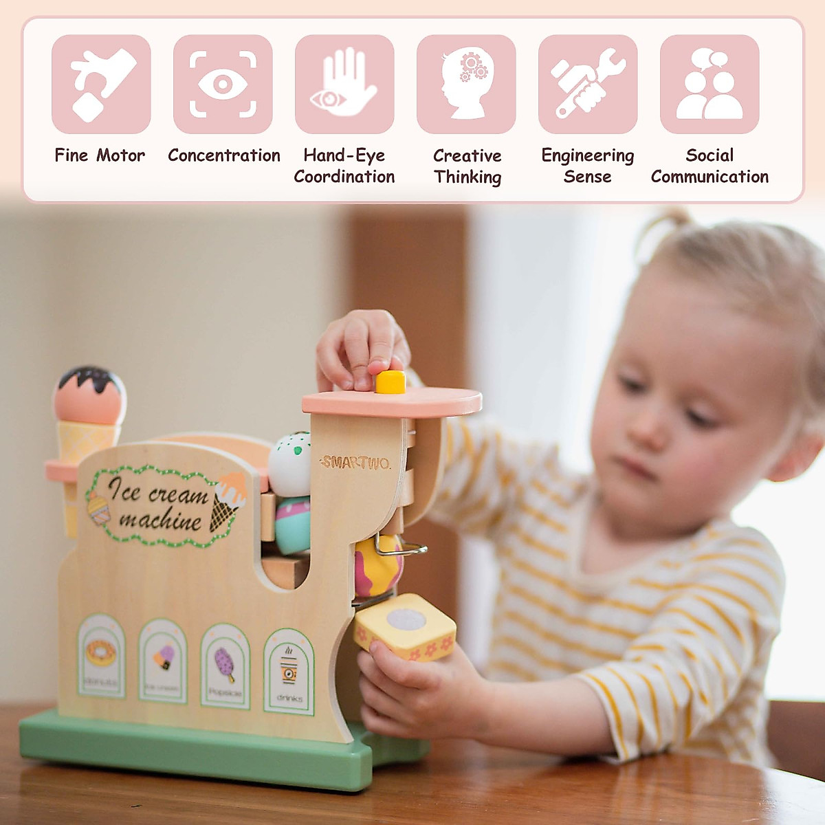 Smartwo Wooden Ice Cream Maker Toy Set for Toddler, Pretend Play Kitchen Food Accessories, Counter Playset for Kids, Christmas Birthday Gift for 3 4 5 6 Years Old Child