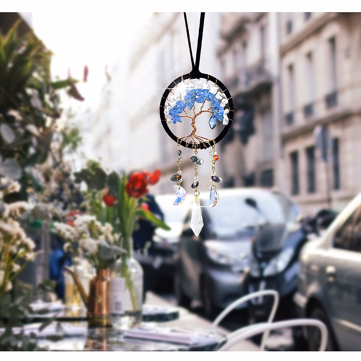Andiker Car Rear View Mirror Hanging Accessories, Cute Tree of Life Healing Crystals Stone Car Hanging Ornament (Tree)