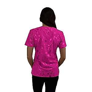 Womens Medical Nursing Foil Printed Scrub Uniform Top Zinnia-BC Ribbon Floral - Magenta-Large