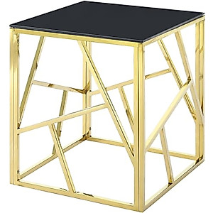 Black Side Table Small End Table with Mirrored Stainless Steel Metal Base, Square Tempered Glass End Table with Storage Modern Side Table, Living Room End Table Narrow Long Side Table Night Stand