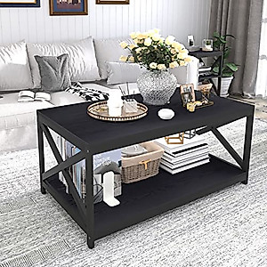 Bigbiglife Living Room Table Set of 3, Industrial X-Design Coffee Table with 2 End Side Tables, Modern 3 Pieces Coffee Table Set with Metal Frame for Apartment Home Office, Easy to Assemble, Black