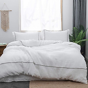 Simple&Opulence 100% Linen Duvet Cover Set Comforter King Size (104" x 92")-3pcs French Washed Flax Textured Soft Bedding with Striped Detail, 1 Duvet Cover and 2 Pillowcases (White)