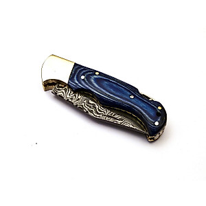 Skokie Knives Custom Hand Made Damascus Steel Hunting Folding Knife Handle Pakka Wood