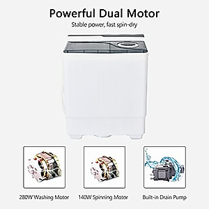 COSTWAY Portable Washing Machine, Twin Tub 26Lbs Capacity, Washer(18Lbs) and Spinner(8Lbs), Compact Laundry Machine with Control Knobs, Timer Function, Drain Pump, Laundry washer for Apartment, RV, Grey