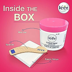VEET Sugar Wax Hair Remover - Perfect for First Time Waxers - Contains 12 Fabric Strips & 1 Spatula with a Temperature Indicator 8.45 Ounce (Pack of 1)