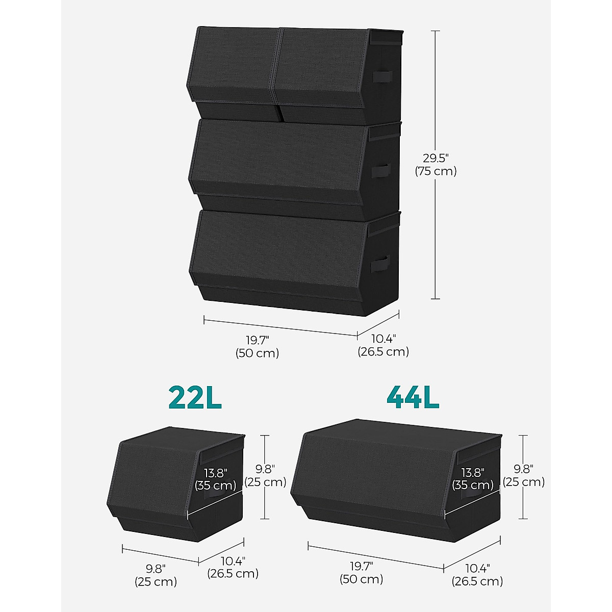 SONGMICS Set of 4 Stackable Storage Bins with Magnetic Closures, Fabric Storage Boxes with Lids, Storage Containers in Wardrobe Closet, Clothes Organizers, Classic Black URLB022B01