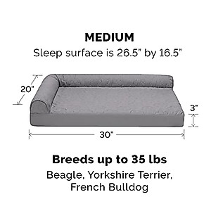 Furhaven Medium Memory Foam Dog Bed Pinsonic Quilted Paw L Shaped Chaise w/ Removable Washable Cover - Titanium, Medium