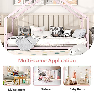 ODUWA Full Size House Bed for Kids,Metal House Platform Bed with Guardrail,Montessori Floor Bed Frame with Roof,Full Bed Frames for Kids,Toddlers,Girls,Boys