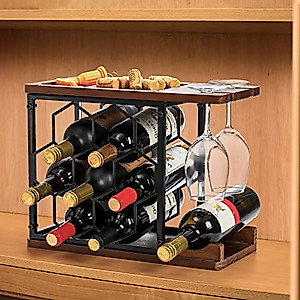Elsjoy Countertop Wine Rack with Glass Holder, Wood Metal Wine Bottle Rack Free Standing Tabletop Wine Bottle Holder, Wooden Wine Storage Rack for Home, Kitchen, Bar (Hold 7 Bottles and 2 Glasses)