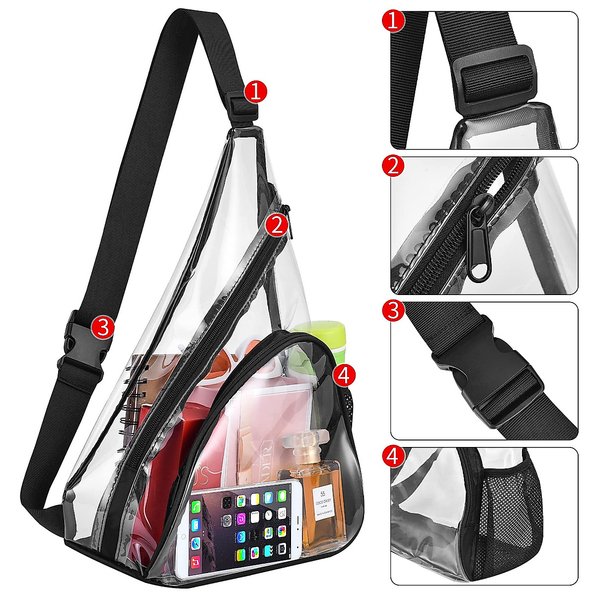 Clear Sling Bag Transparent Shoulder Cross body Backpack Perfect for Work Travel Stadium and Concerts Black