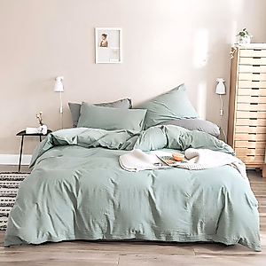 INDACORIFY Sage Green Cotton Duvet Cover Washed 100% Cotton Bedding Donna Cover Queen Twin King Euro and Custom Size Duvet Cover 3 Paece Beding Set (Twin 68X90)