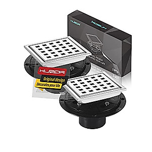 KUZOR Square Shower Drain 4 inch, Brushed Nickel 2 Pack Floor Drains for Shower with Flange and Hair Strainer, Brushed 304 Stainless Steel Quadrato Pattern Grate Removable, Fast 6.5 GPM Drainage