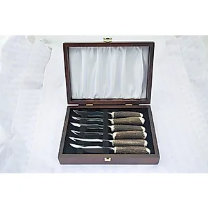 Six Cased Genuine Stag Horn/Antler Handle Steak Knives Made in Sheffield England Free Engraving