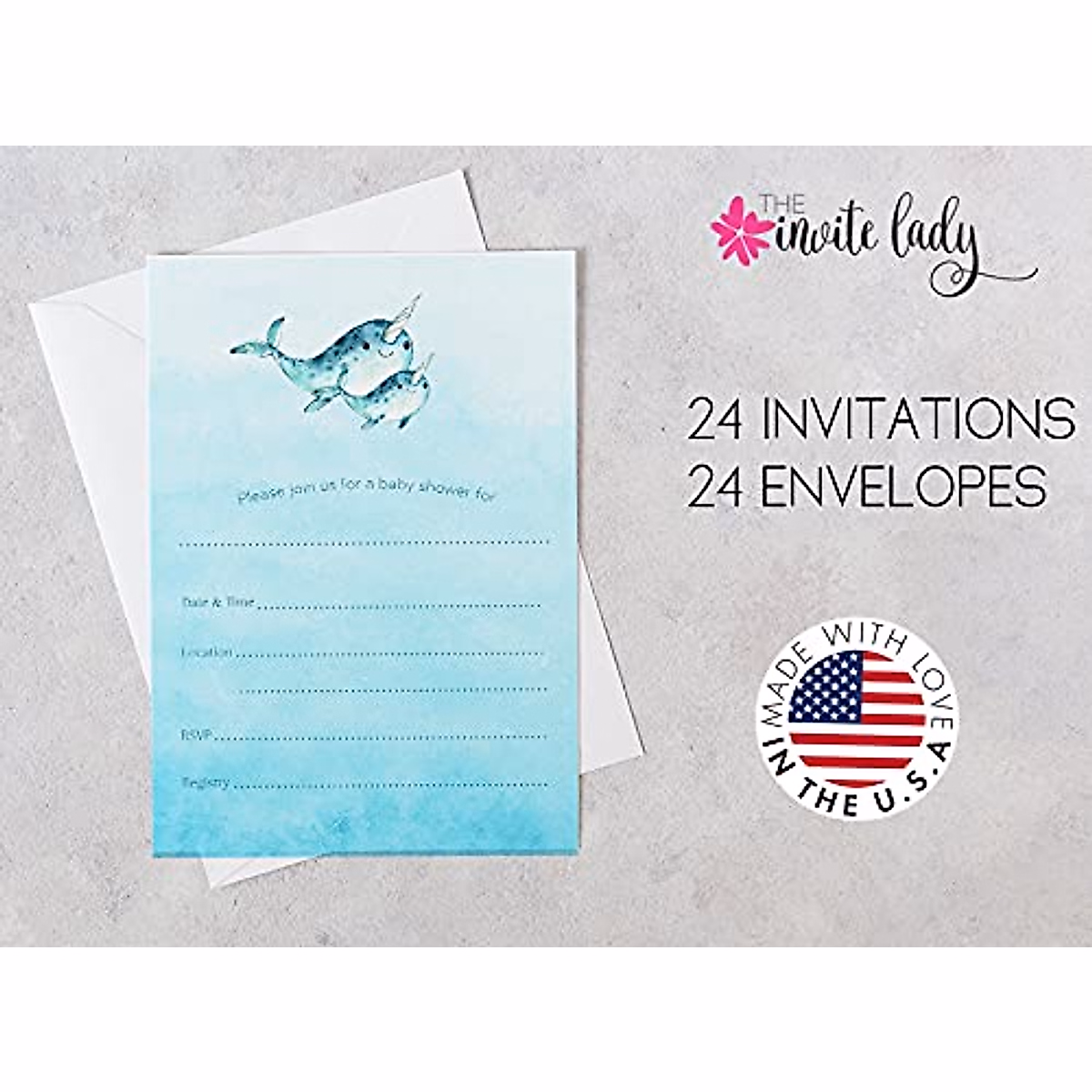Watercolor Narwhal Fill in the Blank Invitation Baby Shower Blue Sea Ocean Narwhals Mommy and Me Its a Boy FIB (15 count)