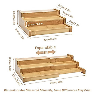 ROSOS Spice Rack Organizer for Cabinet 2 Pack, Bamboo Spice Rack Organizer for Countertop Expandable from 8.7-15inch, 3-Tier Durable Spice Organizer for Cabinet, Natural