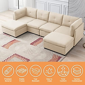 linor Modern U Shaped Convertible Sofa Couch,118'' Modular Sectional Sofa with Tufted Back Cushion, 6 Seat Oversized Sectionals Sofa Couch with Ottomans for Living Room (Linen,Beige)