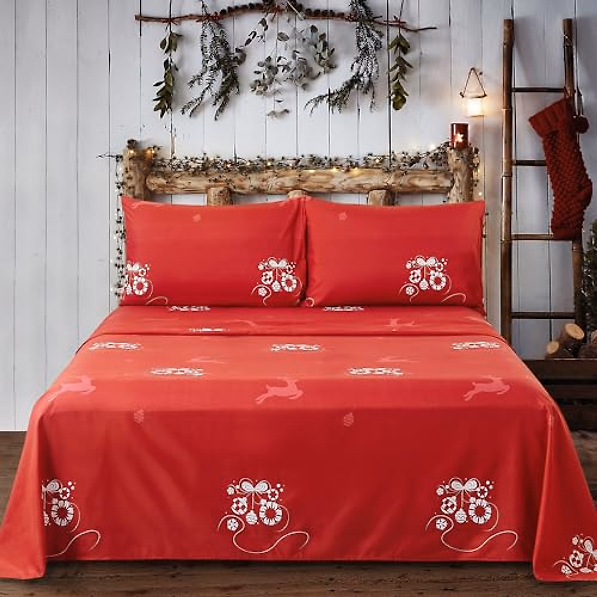 Vaulia Soft Microfiber Sheets, Print Pattern Christmas Holidays, Jingling Bell and Reindeer Print 4-Piece Set (1 Fitted Sheet 1 Flat Sheet 2 Pillowcases), Full Size