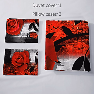 AILONEN Red Rose Duvet Cover Set King Size, Grey Retro Couple Rose Comforter Cover Set,3 Pieces Romantic Floral Butterfly Quilt Cover and 2 Pillowcases