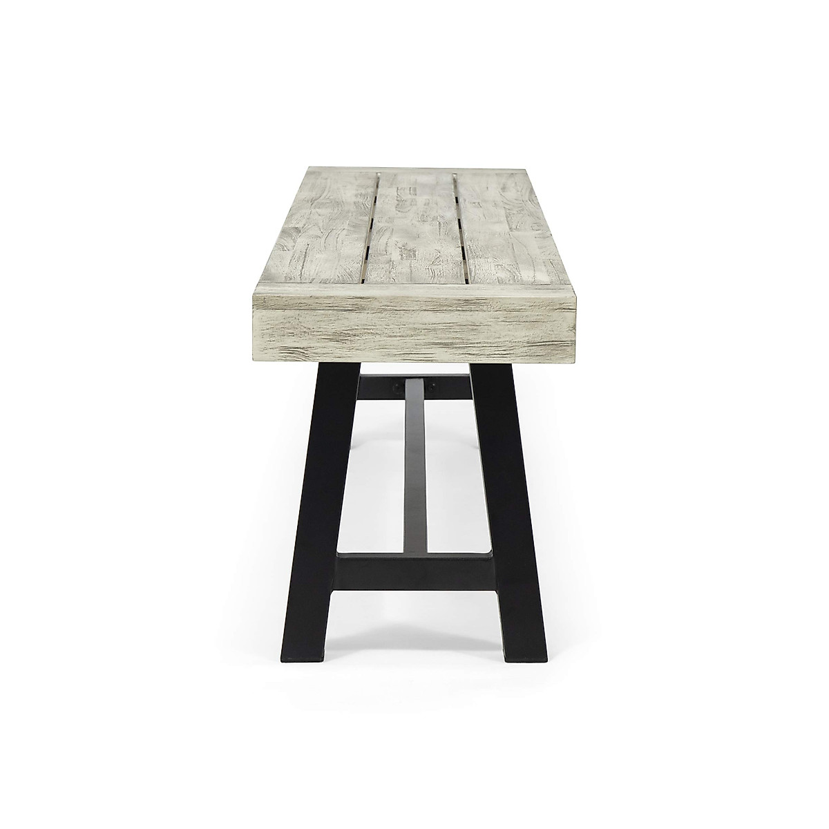 GDFStudio Outdoor Acacia Wood Bench, Sandblast Light Gray Wash and Black Metal