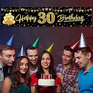 Happy 30th Birthday Banner Decorations for Him, Thirty Birthday Sign Party Supplies for Men Women, Black Gold 30 Birthday Party Decor Outdoor Indoor