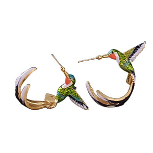 Cute Hummingbird Earrings Flying Hummingbird Oil Painting Dangle Earrings Enamel Hummingbird Stud Earrings Colorful Metal Animal Elegant Hummingbird Bird Studs Earring Jewelry - Green