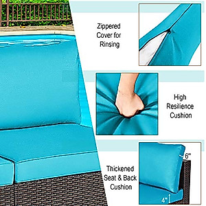Tangkula 2 PCS Outdoor Wicker Armless Sofa, Patio Rattan Sectional Sofa Set w/2 Thick Seat Cushions and 2 Back Cushions, Additional Seats for Balcony Garden Patio Poolside (Turquoise)