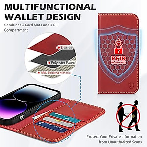 SHIELDON Case for iPhone 14 Pro Max 5G, Genuine Leather Wallet Case Magnetic Cover RFID Blocking Card Holder Kickstand Drop Protection Case Compatible with iPhone 14 Pro Max 6.7" 2022 - Retro Red