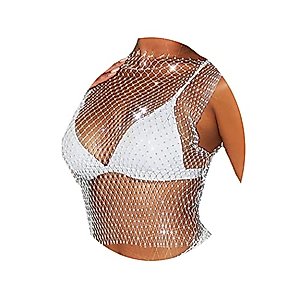 Fstrend Mesh Crystal Body Chain Sparkly Rhinestone Fishnet Crop Top See Through Tank Tops Bikini Rave Festival Accessories for Women