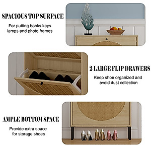 Yoluckea Rattan Shoe Storage Cabinet/Rack with 2 Flip Drawers for Entryway Modern Wooden Free Standing for Heels Slippers Hallway Bedroom Small Space(Natural)