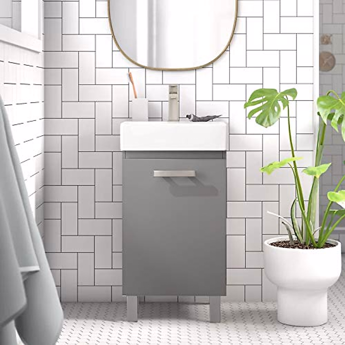 LUCA Kitchen & Bath LC17XGP Brielle 16.5” Single Sink Bathroom Vanity in Gray with Porcelain Countertop-Freestanding or Wall Mounted, Grey