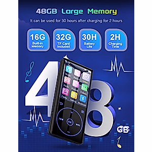 48GB MP3 Player with Bluetooth 5.0: Portable Lossless Sound Music Player with HD Speaker,2.4" Screen Voice Recorder,FM Radio,Touch Buttons,Support up to 64GB for Sport, Earphones Included