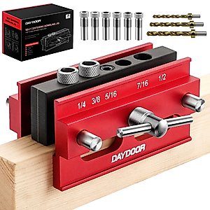 DAYDOOR Self Centering Doweling Jig, Adjustable Width Dowel Jig for Straight Holes, Biscuit Joiner Set with 6 Bushings and 3 Drill Bits(Red)