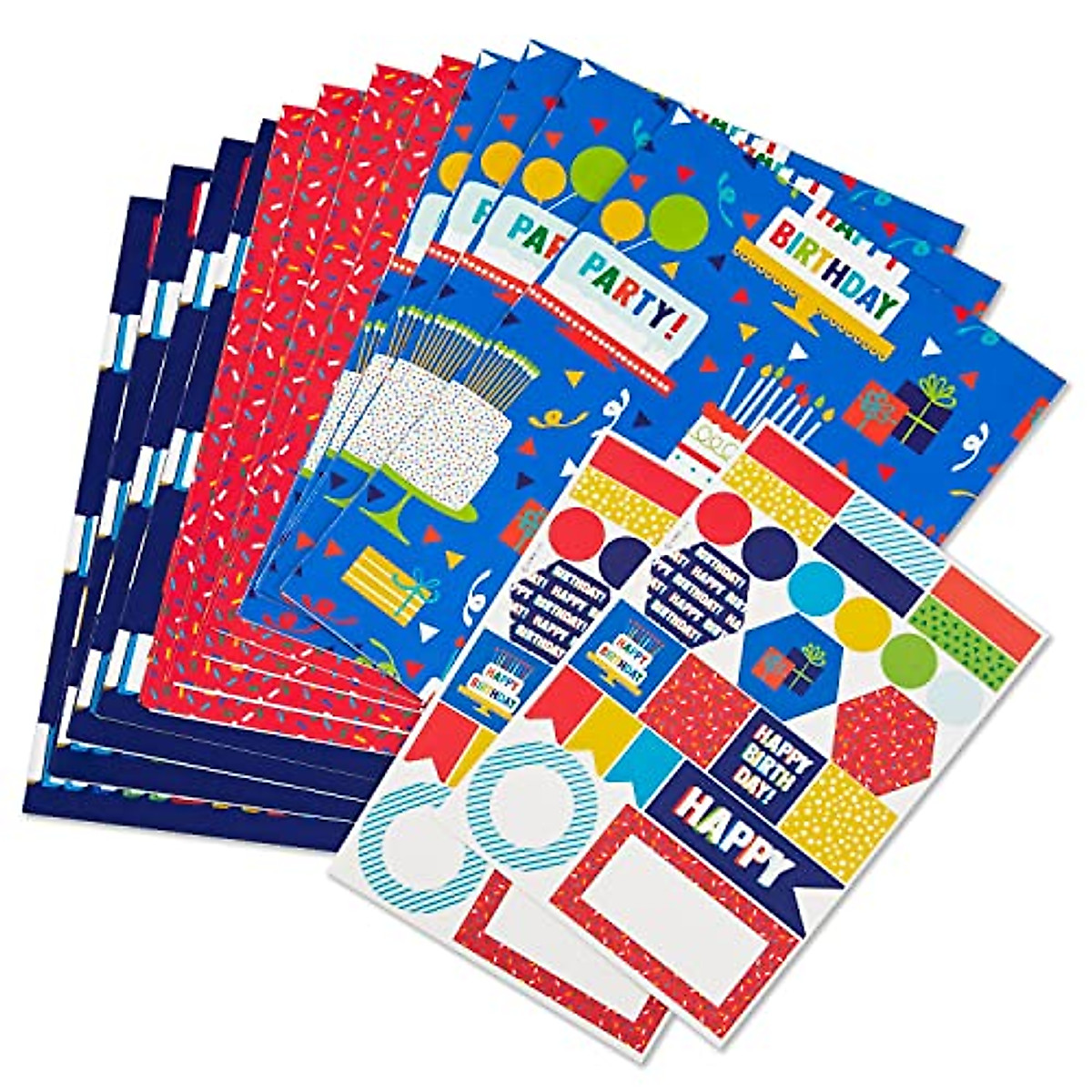 Hallmark Flat Birthday Wrapping Paper Sheets with Cutlines on Reverse (12 Folded Sheets with Sticker Seals) Happy Birthday, Red Confetti, Blue with Cakes