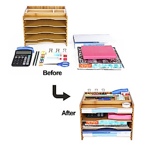 SONGMICS Bamboo File Organizer Paper Sorter with 5 Adjustable Shelves Top Storage Compartments Natural UOFS44Y