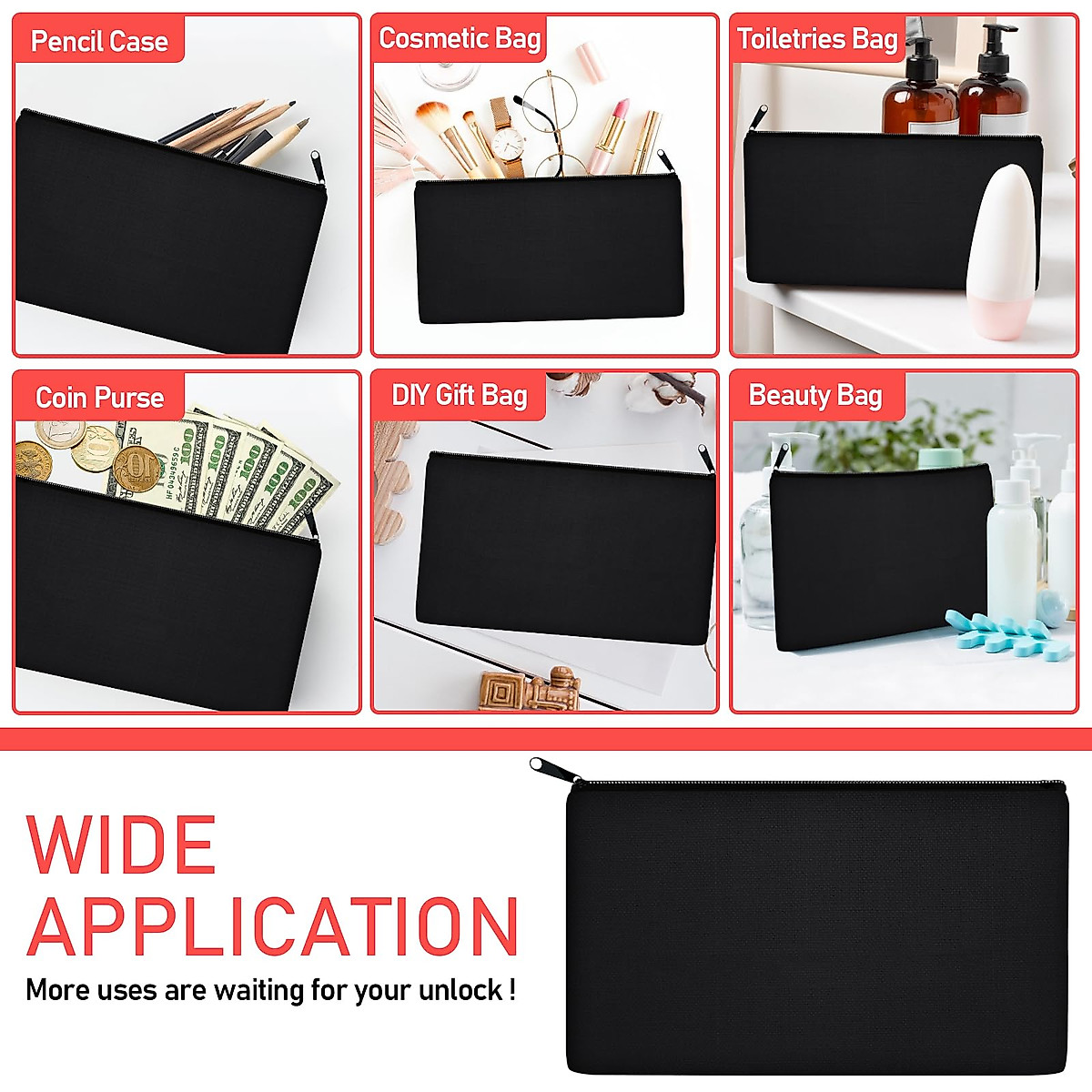 Legigo 12 Pack Blank DIY Craft Bag Canvas Pencil Case Blank Makeup Bags- Black Canvas Pencil Pouch Bulk Canvas Cosmetic Bag Multi-Purpose Travel Toiletry Bag Canvas Zipper Bags (8.3 × 5 Inch)