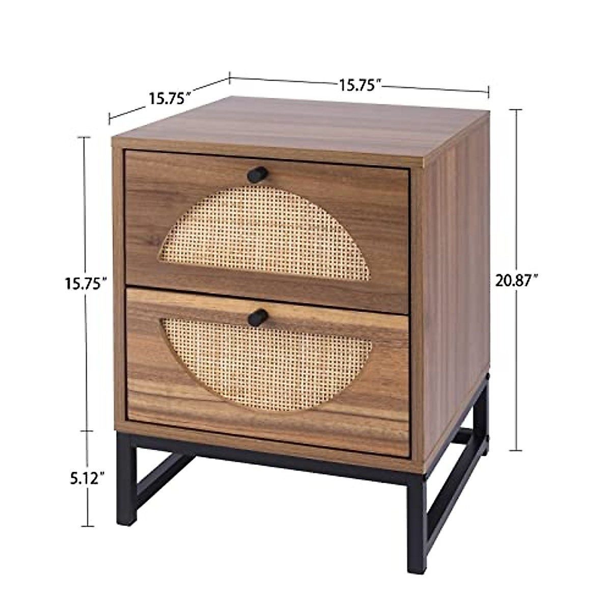 SeokIljin Rattan Nightstand,2 Drawer Side Table,Metal Legs,Bottom Hollow-Out Design,Easy Cleaning,Display Rack for Bedroom and Living Room