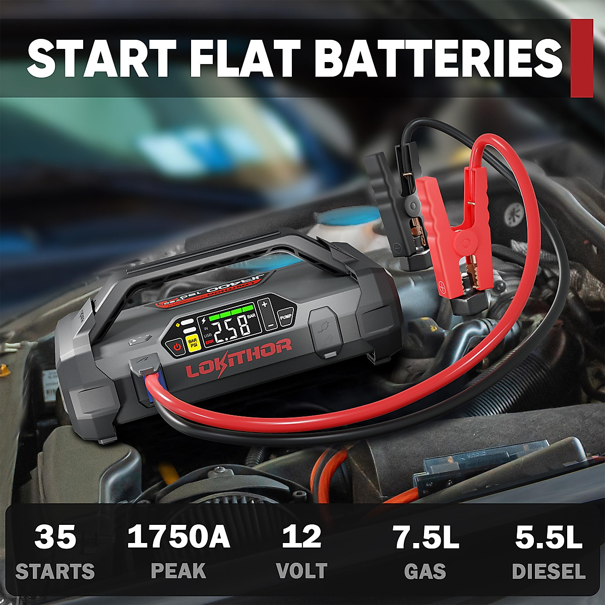 LOKITHOR JA400 1750A 12V Jump Starter with Air Compressor, 60W Two-Way Fast Charing, Lithium Car Battery Starter with 150PSI Digital Tire Inflator, Booster Pack for 7.5L Gas or 5.5L Diesel Engines